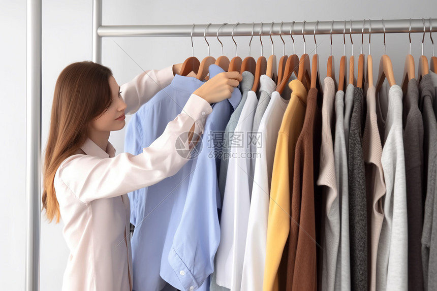 女人把衣服挂在架子上高清图片下载 正版图片600130716 摄图网