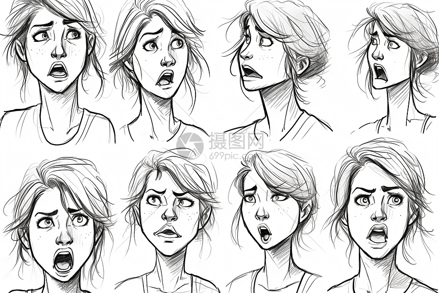 人物角色面部表情线条画风格插画图片下载-正版图片600142847-摄图网