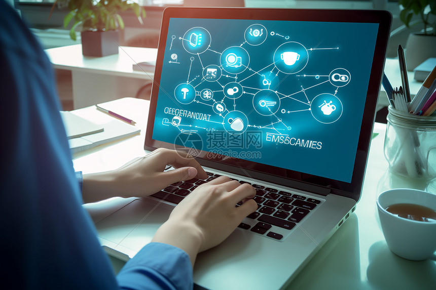 社交媒体使用笔记本上网图片素材-正版创意图片600158565-摄图网