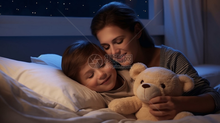 妈妈给小男孩讲睡前故事高清图片下载 正版图片600168503 摄图网