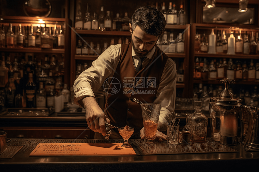 调酒师熟练地调制一杯经典的鸡尾酒高清图片下载-正版图片600176331-摄图网