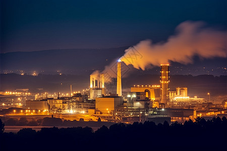 工厂烟囱冒着白烟城市天际线夜景高清图片下载-正版图片600194059-摄图网