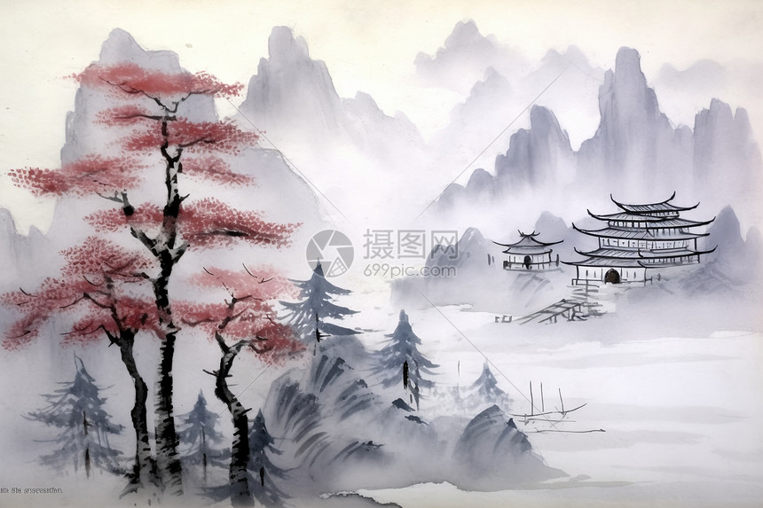 中国山水画插画图片下载-正版图片600229796-摄图网
