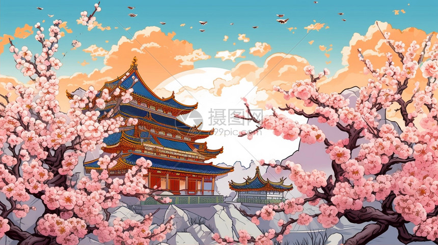 春天的桃树插画图片下载-正版图片600278645-摄图网