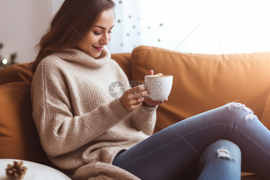 女孩坐在沙发上喝咖啡高清图片下载 正版图片600309365 摄图网