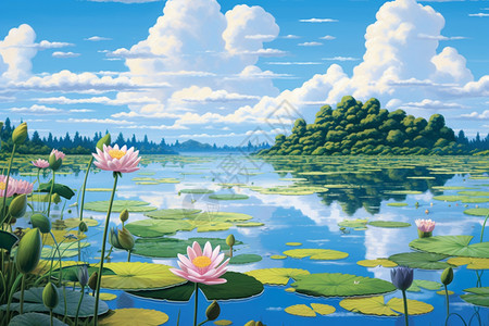 蓝天下的荷花池插画图片下载-正版图片600309981-摄图网