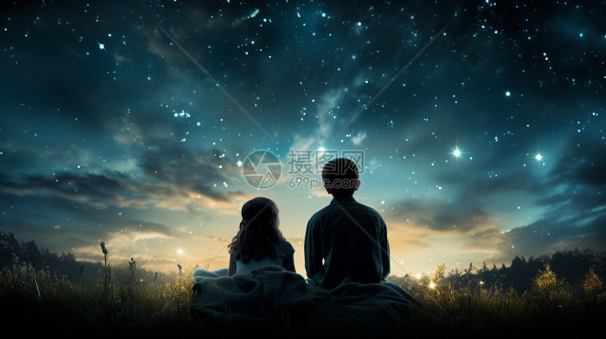 观看星空的男孩和女孩插画图片下载-正版图片600317166-摄图网