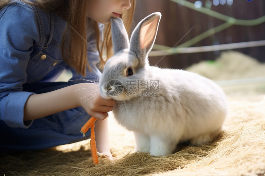 农场喂养兔子的小女孩高清图片下载-正版图片600324006-摄图网