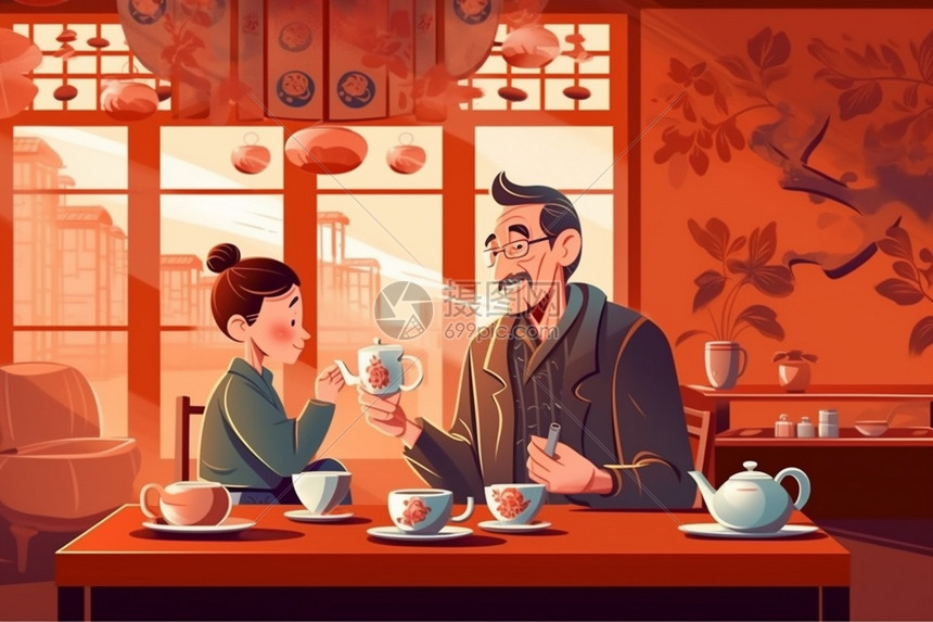 一对午后在茶馆的父子插画图片下载-正版图片600339624-摄图网