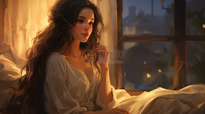 坐在床上的可爱女孩插画图片下载 正版图片600363214 摄图网