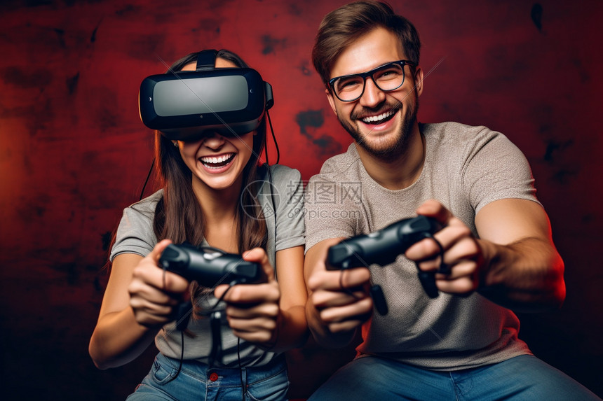 玩VR游戏的情侣高清图片下载-正版图片600367889-摄图网