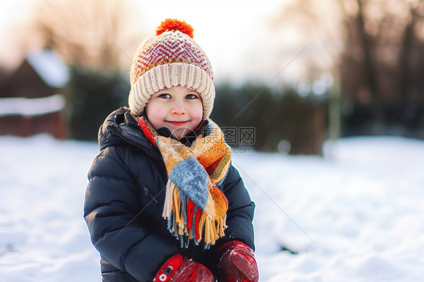 带着帽子围巾的孩子高清图片下载-正版图片600379810-摄图网