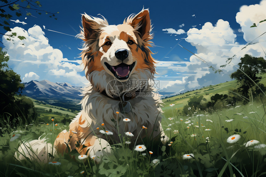 蓝天下的小狗插画图片下载-正版图片600384781-摄图网