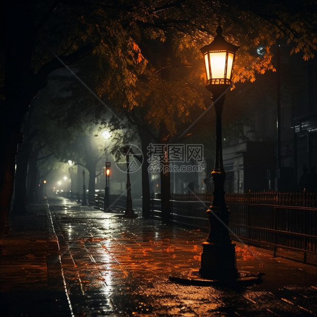 夜晚雨天城市街头照明的路灯高清图片下载-正版图片600403133-摄图网