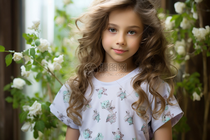 花朵旁站立着一名可爱的女孩高清图片下载-正版图片600410929-摄图网