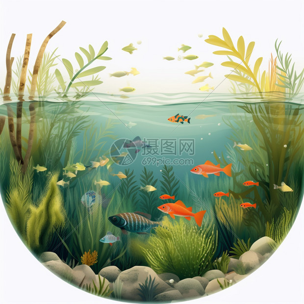 河流生态系统中的水生植物插画图片下载 正版图片600431059 摄图网