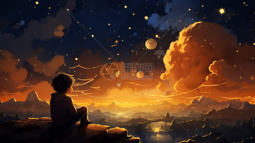 看星星的男孩插画图片下载-正版图片600438263-摄图网