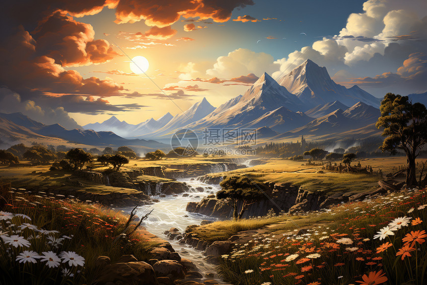 夕阳下的山河花谷插画图片下载-正版图片600442925-摄图网