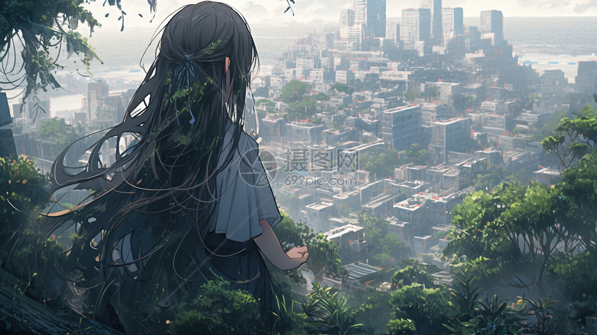 城市山顶得到二次元少女插画图片下载-正版图片600466646-摄图网