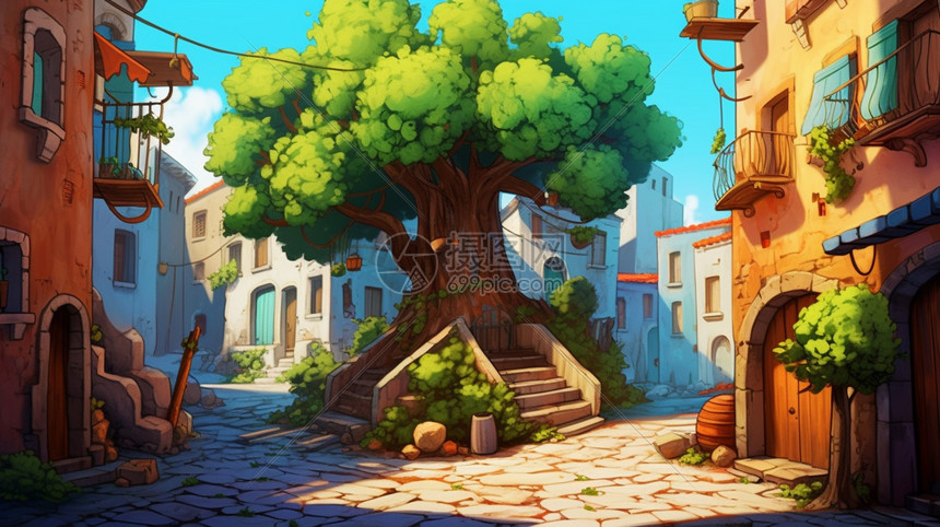 蓝天下的卡通街道插画图片下载-正版图片600481991-摄图网