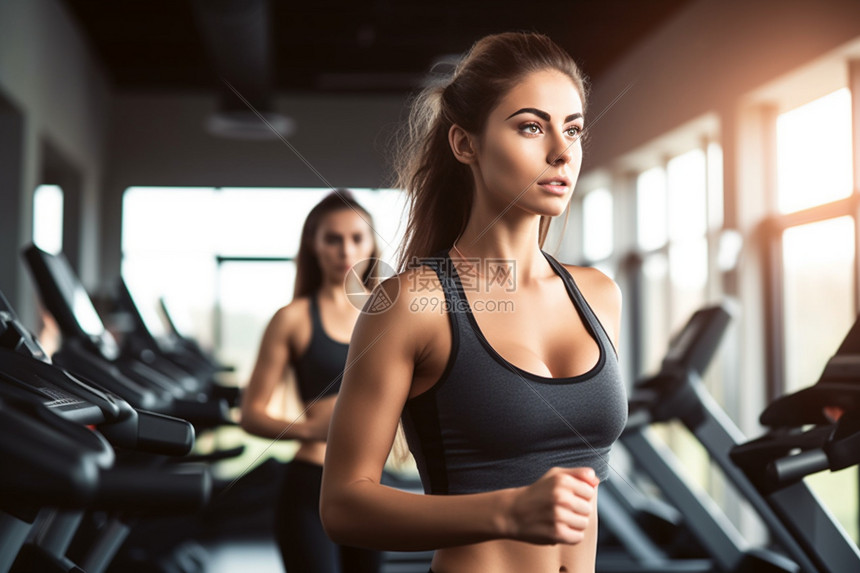健身房里跑步的女孩高清图片下载-正版图片600512629-摄图网