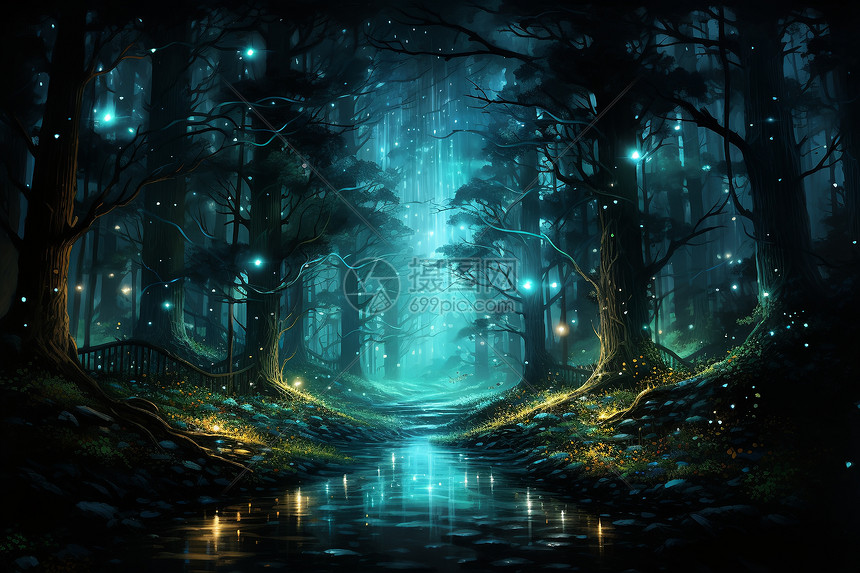 夜幕下的奇幻森林插画图片下载-正版图片600525311-摄图网