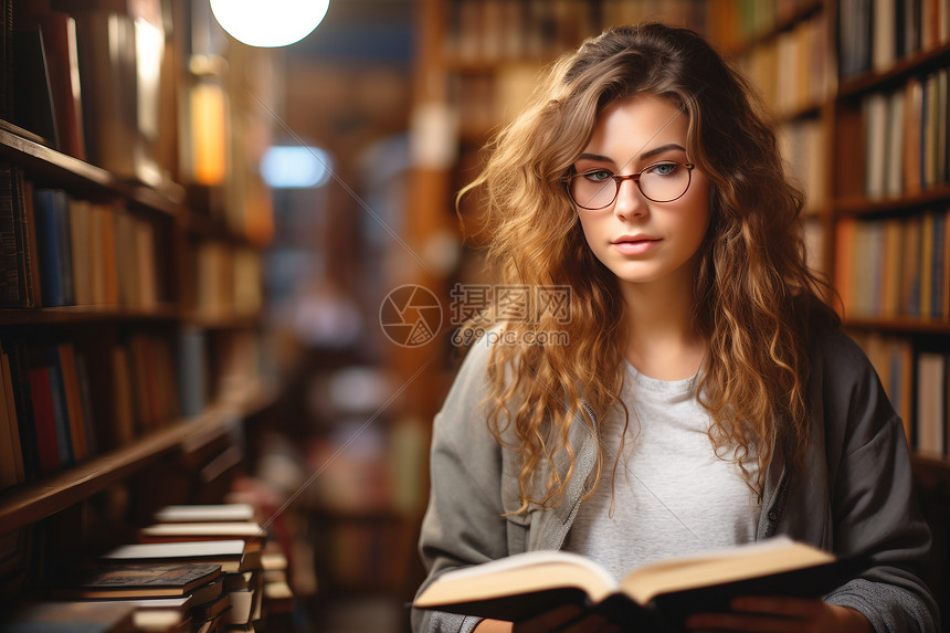 图书馆阅读书籍的外国女子高清图片下载-正版图片600554778-摄图网