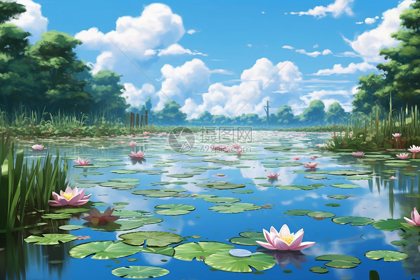 蓝天白云下的莲花荷叶插画图片下载-正版图片600558424-摄图网