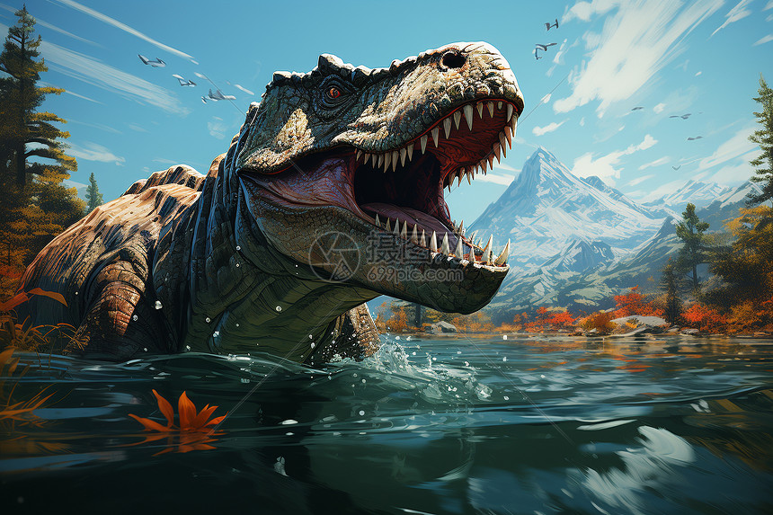 在湖泊中嘶吼的霸王龙插画图片下载-正版图片600562526-摄图网