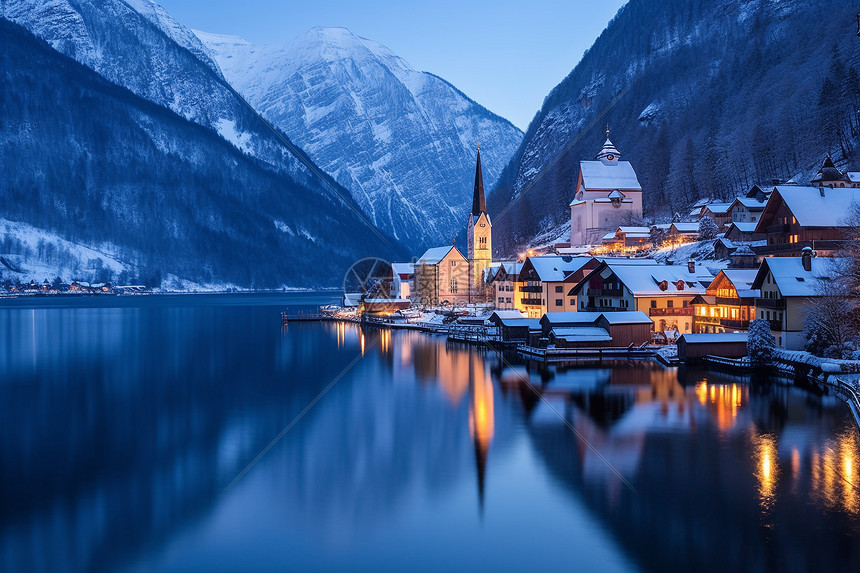 湖畔的欧洲村庄高清图片下载-正版图片600584079-摄图网