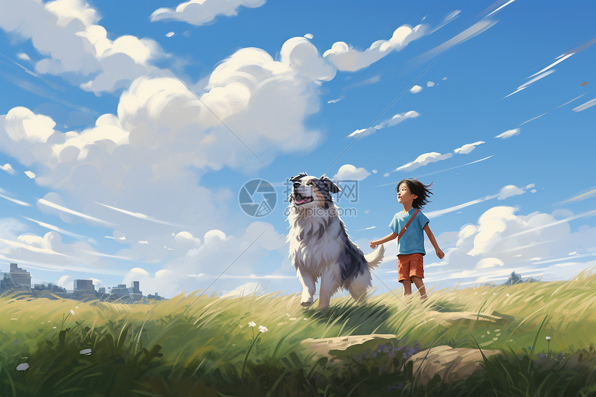 蓝天下的狗主人插画图片下载-正版图片600585074-摄图网