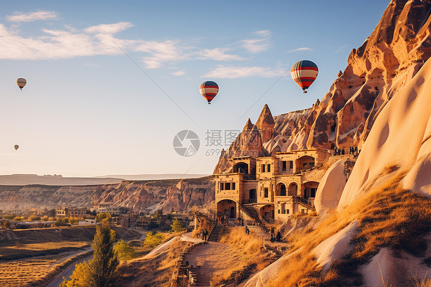 土耳其小镇升空的热气球高清图片下载-正版图片600604541-摄图网
