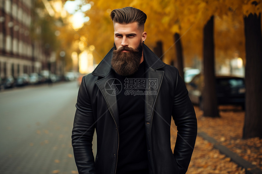 男子身后的落叶道路高清图片下载-正版图片600640500-摄图网