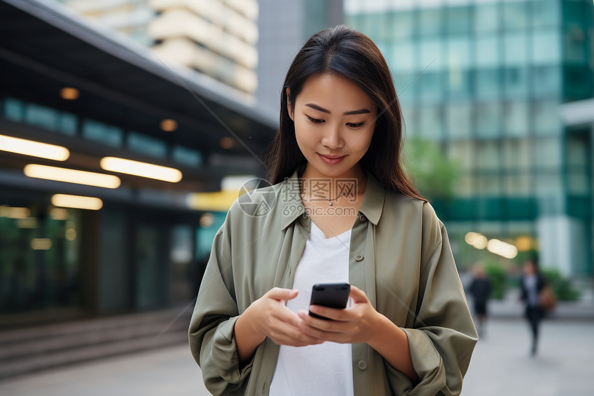 街道上的女孩看着手机高清图片下载-正版图片600642575-摄图网