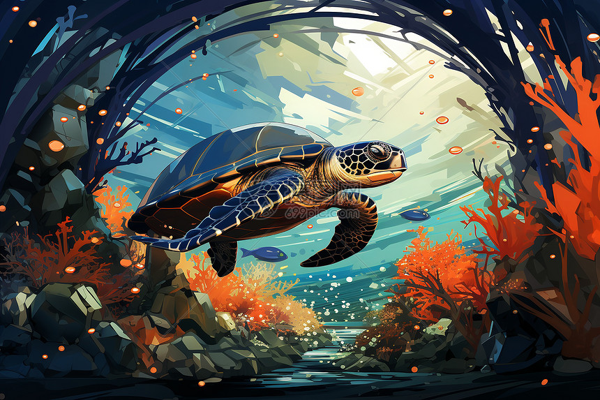 奇幻的海底乌龟插画图片下载-正版图片600661012-摄图网