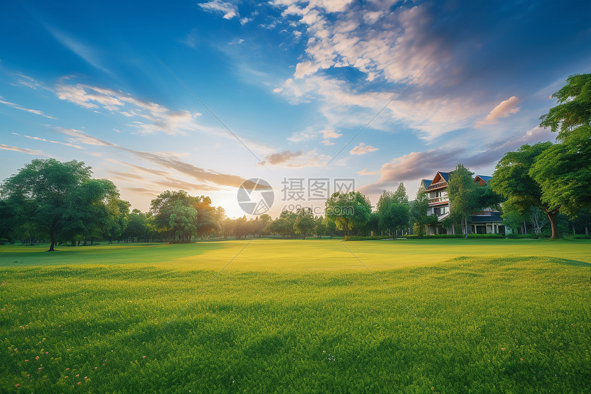 蓝天下的公园草地景观高清图片下载-正版图片600680093-摄图网