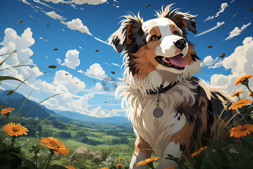 蓝天白云的小花狗插画图片下载-正版图片600703030-摄图网