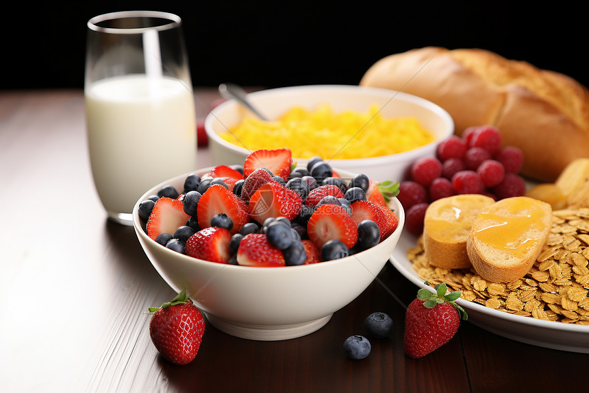 面包水果加牛奶高清图片下载-正版图片600709562-摄图网