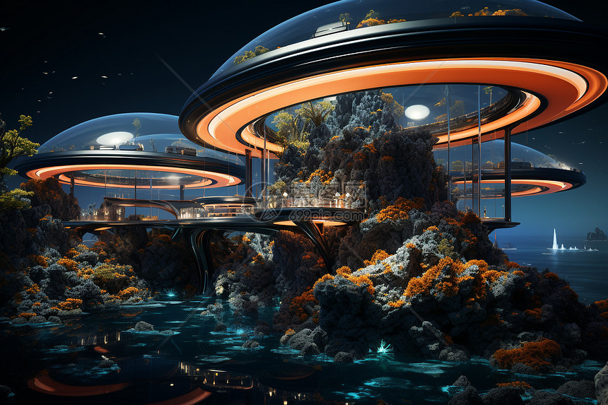 满月下的海洋城市建筑插画图片下载-正版图片600721486-摄图网