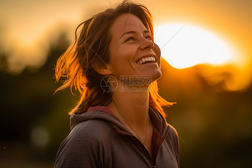 夕阳下笑容开朗的女子高清图片下载 正版图片600770838 摄图网