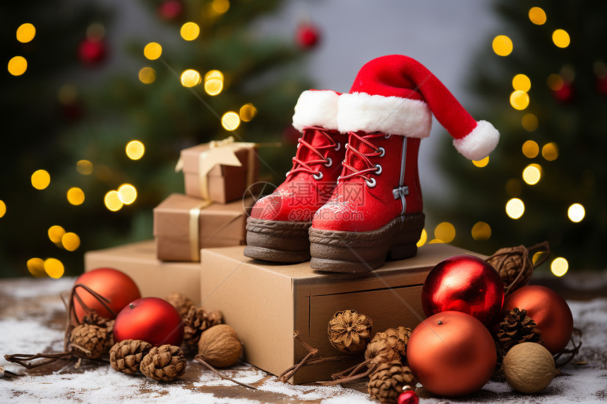 摆放在鞋盒上的红靴子高清图片下载-正版图片600777536-摄图网