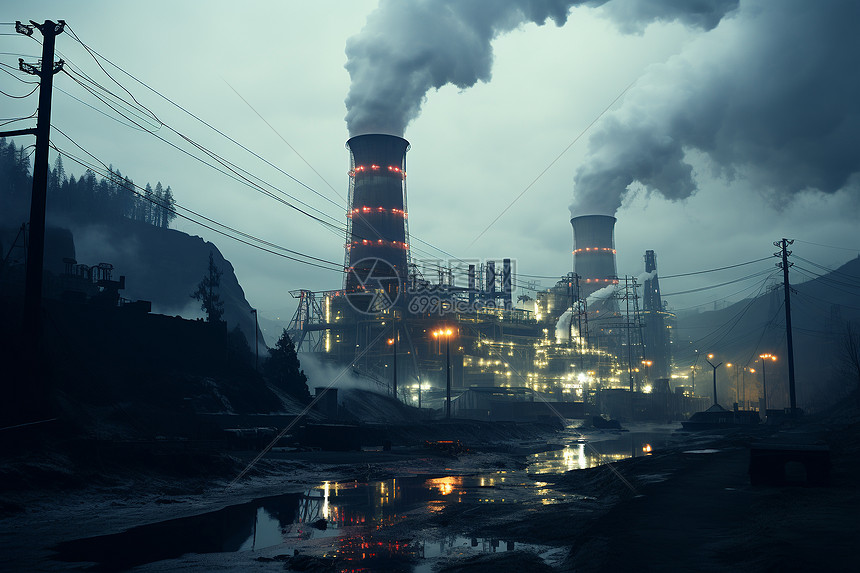 夜晚工厂烟囱冒出的烟高清图片下载-正版图片600786735-摄图网
