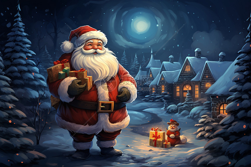 夜晚户外的圣诞老人插画图片下载-正版图片600786812-摄图网