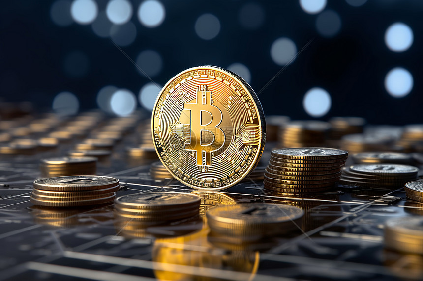 金币堆上的一枚比特币图片素材-正版创意图片600799098-摄图网