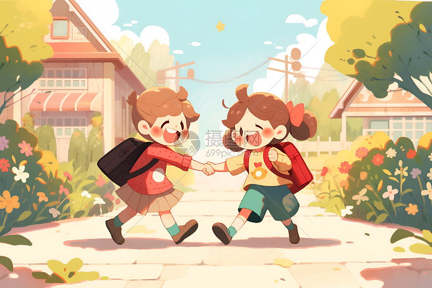 快乐同行上学的小伙伴插画图片下载-正版图片600869256-摄图网