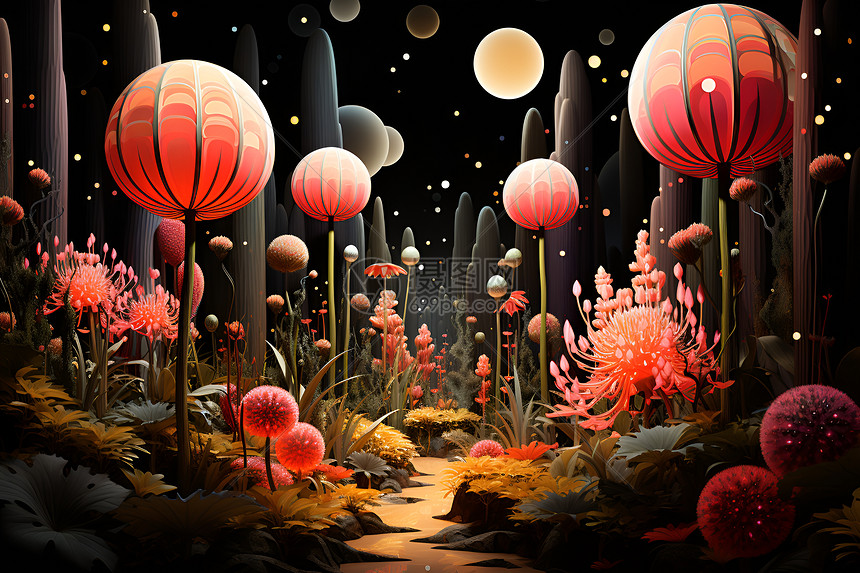 夜幕下的奇幻森林插画图片下载-正版图片600869605-摄图网