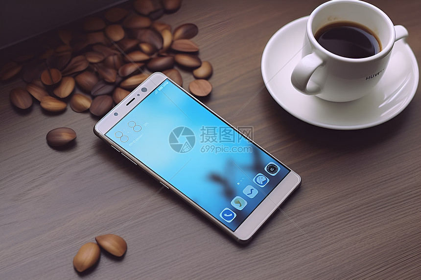 咖啡旁的手机高清图片下载-正版图片600958827-摄图网