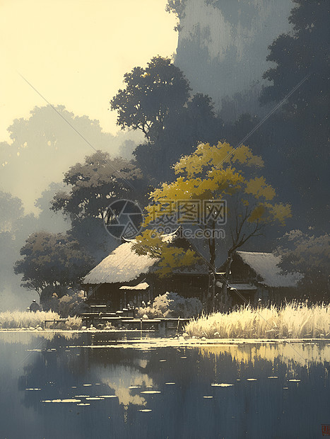 树木前的建筑草屋插画图片下载-正版图片601073794-摄图网
