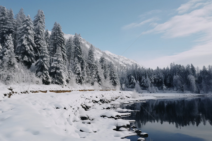 冬日湖畔飘雪高清图片下载-正版图片601089240-摄图网