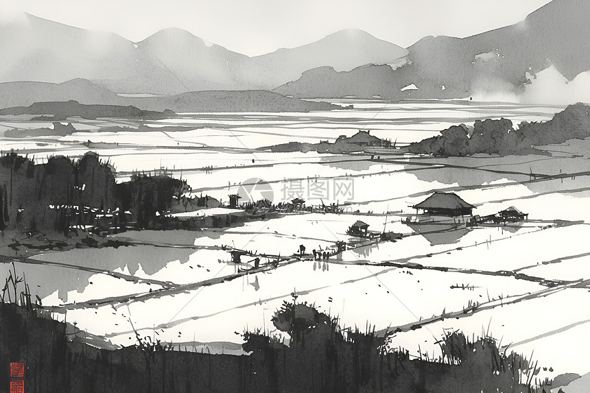 稻田水墨画插画图片下载-正版图片601099509-摄图网